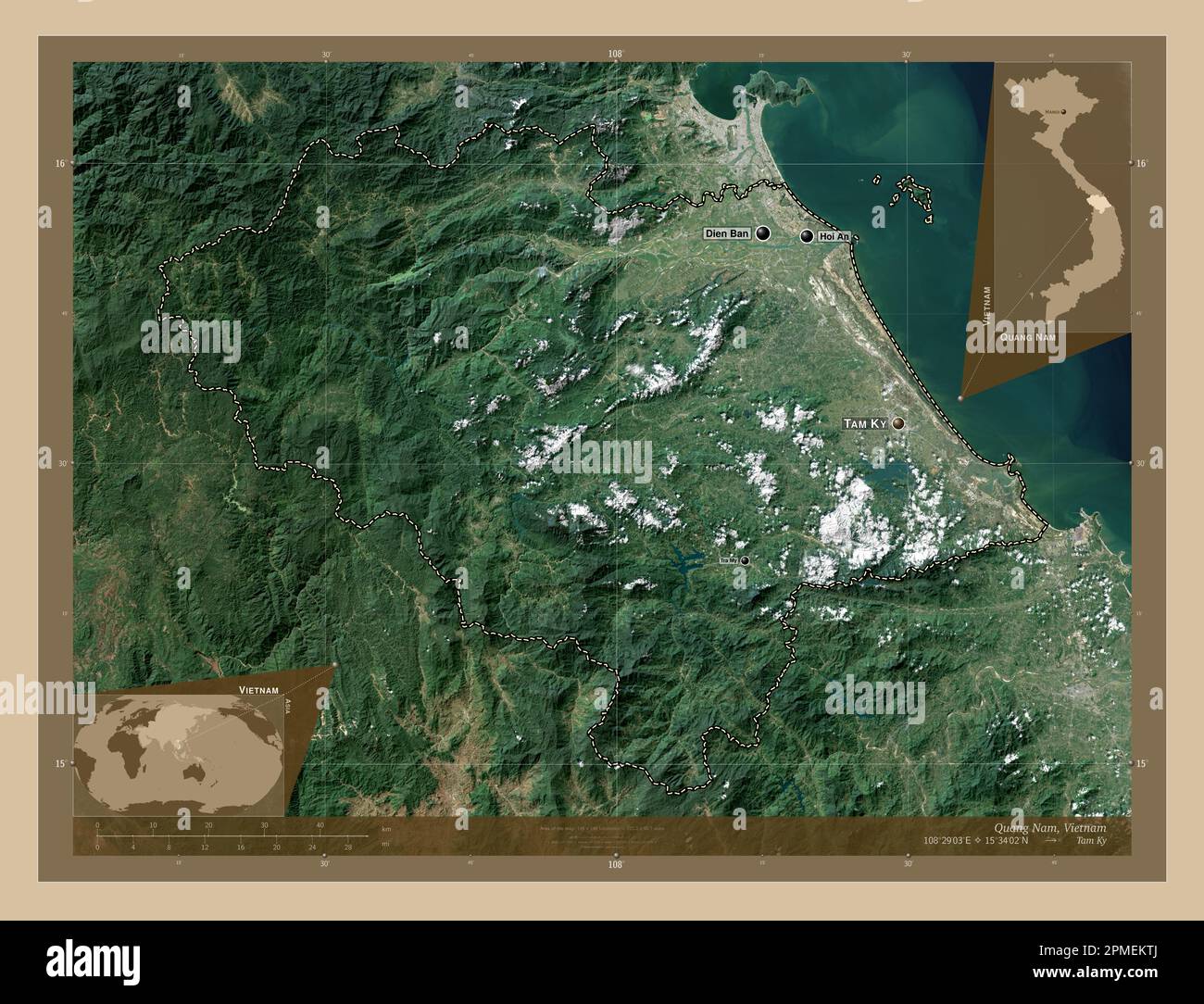 Quang Nam, province of Vietnam. Low resolution satellite map. Locations ...