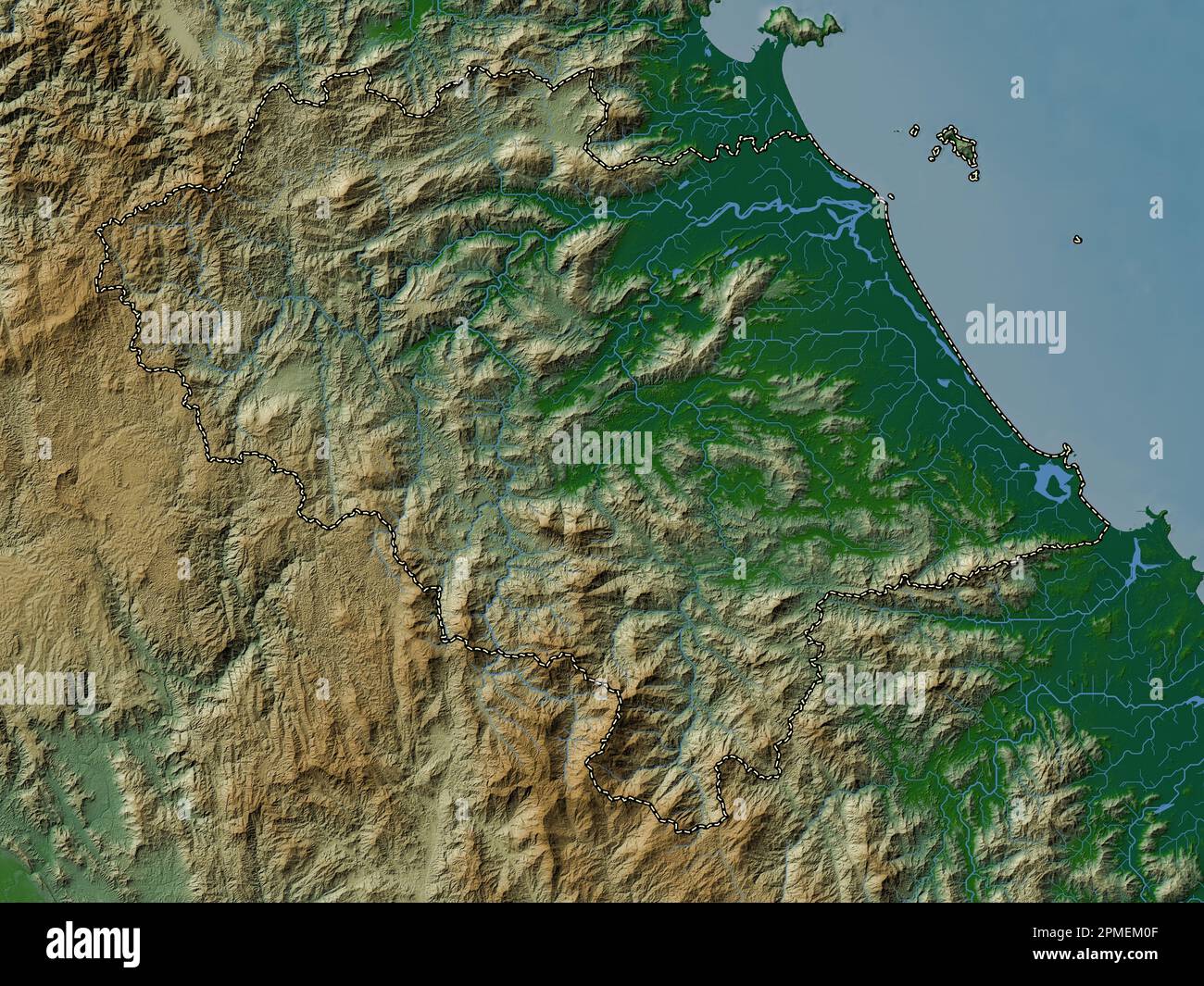 Quang Nam, province of Vietnam. Colored elevation map with lakes and ...