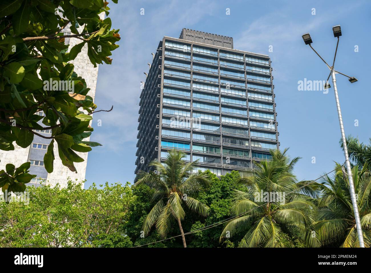 Low angle view of a beautiful skyscraper surrounded by greenery in ...