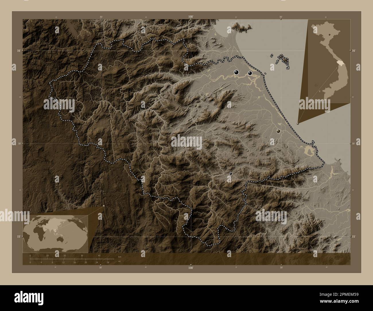 Quang Nam, province of Vietnam. Elevation map colored in sepia tones ...