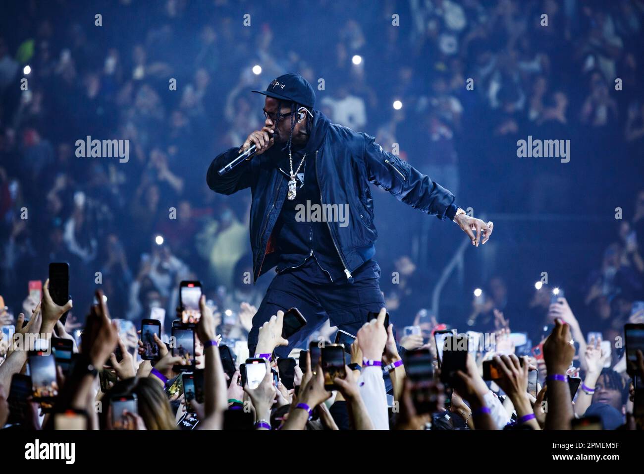 Rapper Travis Scott performing on stage as a guest on NAV's Never Sleep ...