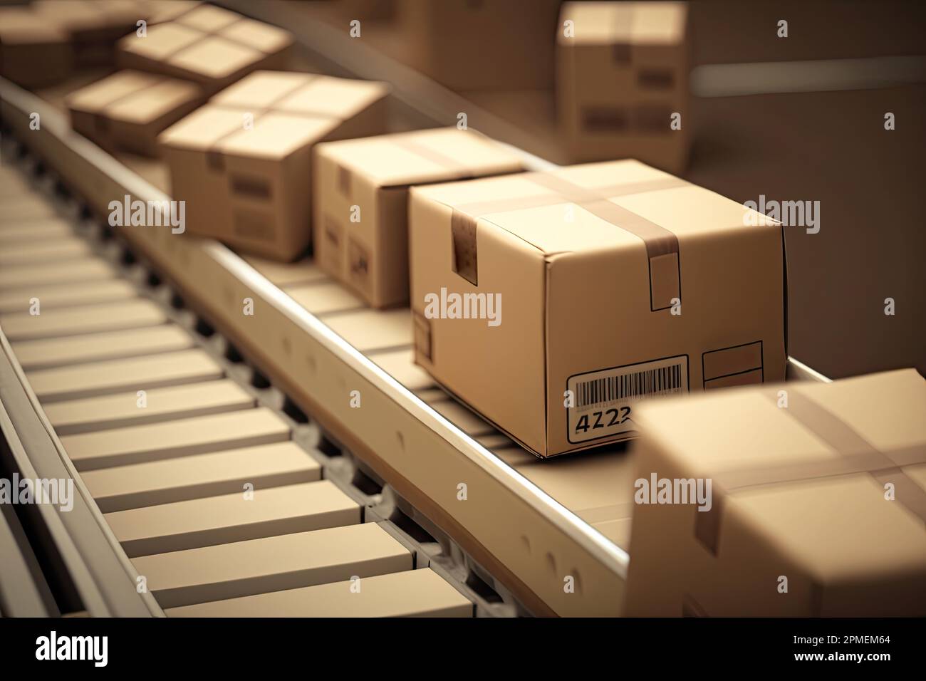 boxes on a conveyor belt in a warehouse or storage, concept image cargo ...