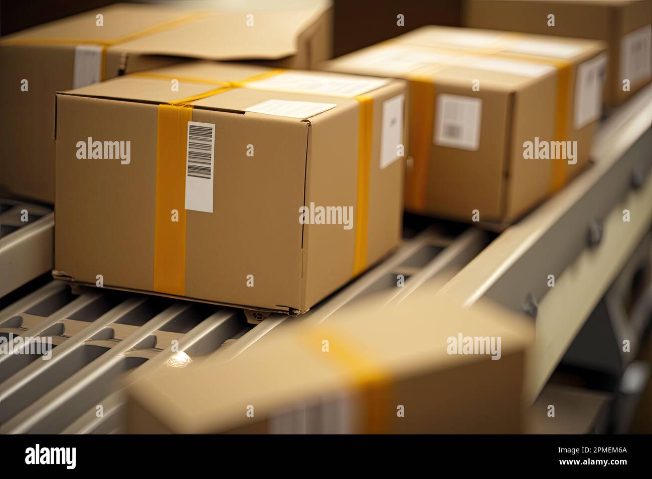 boxes on a conveyor belt in a warehouse or storage, concept image cargo ...