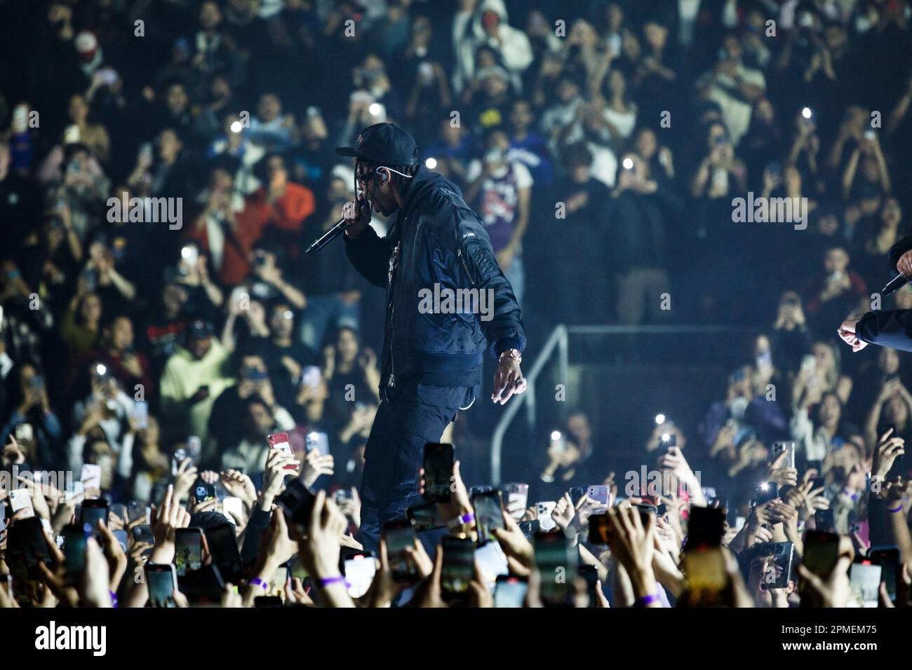 Rapper Travis Scott performing on stage as a guest on NAV's Never Sleep ...