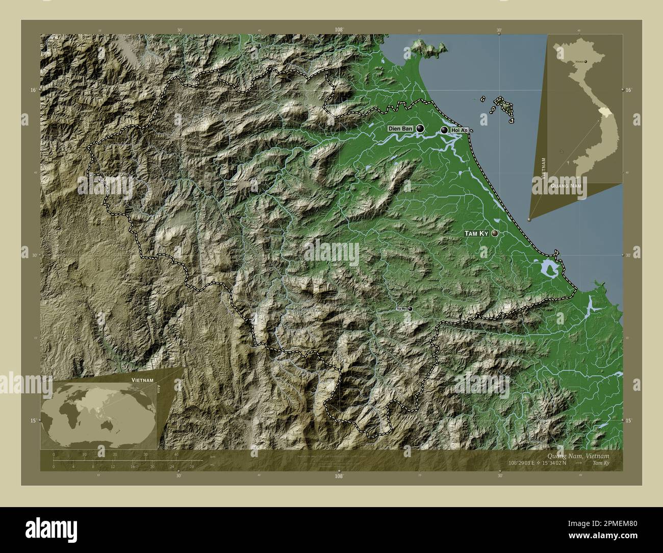 Quang Nam, province of Vietnam. Elevation map colored in wiki style ...