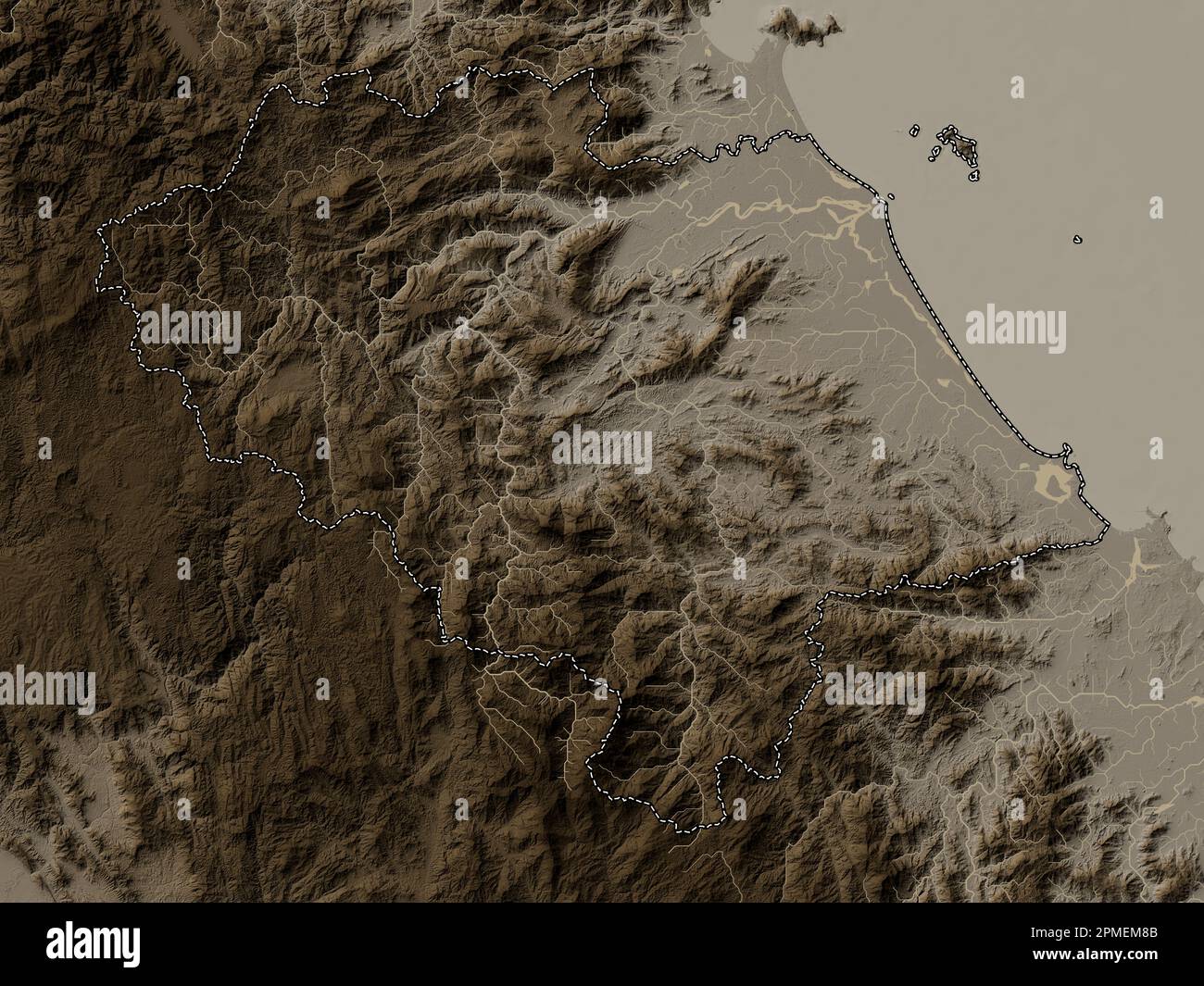 Quang Nam, province of Vietnam. Elevation map colored in sepia tones ...