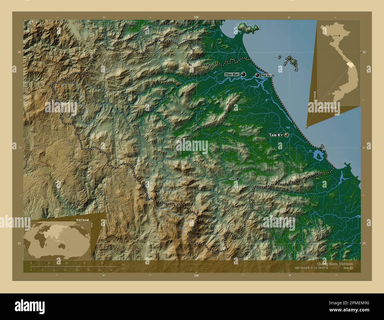 Quang Nam, province of Vietnam. Colored elevation map with lakes and ...