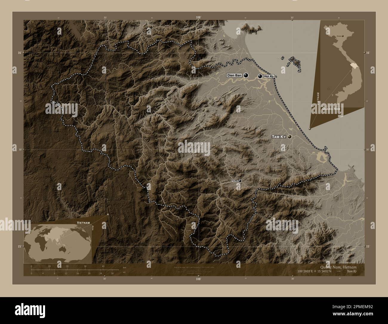 Quang Nam, province of Vietnam. Elevation map colored in sepia tones ...