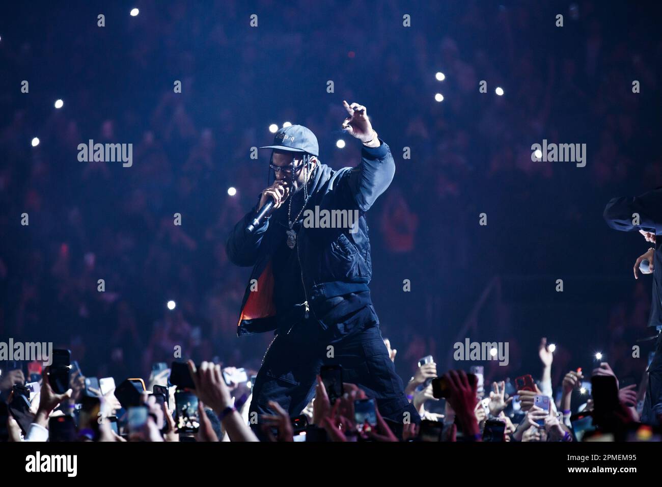 Rapper Travis Scott performing on stage as a guest on NAV's Never Sleep ...