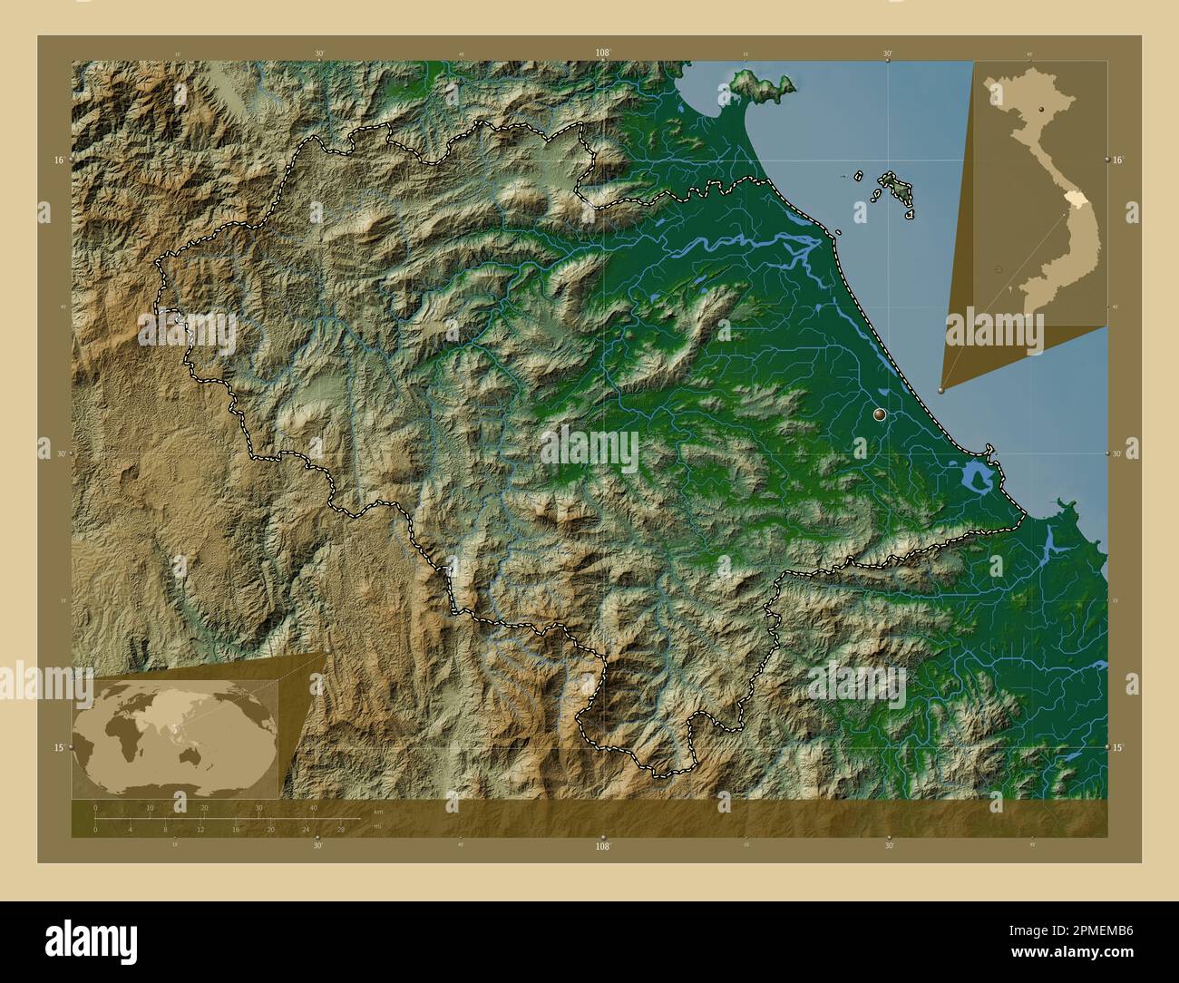 Quang Nam, province of Vietnam. Colored elevation map with lakes and ...