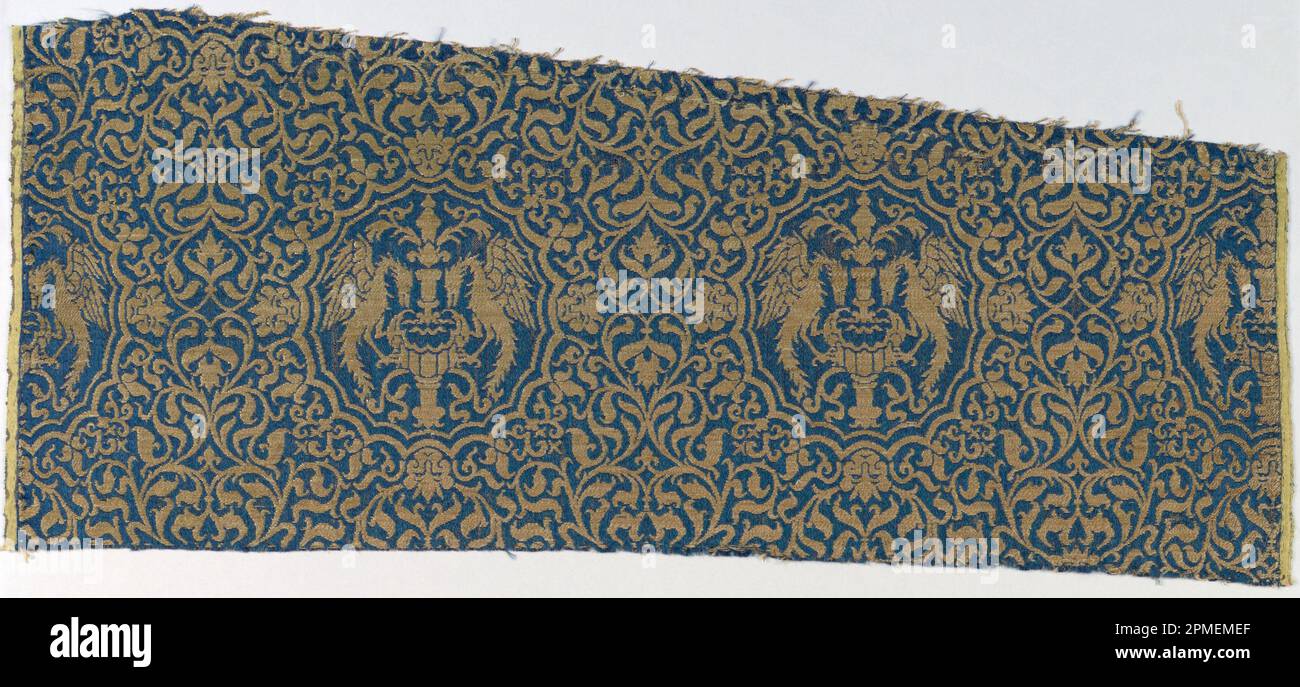 Fragment (Italy); silk, metallic thread (beaten gold on vellum wrapped ...