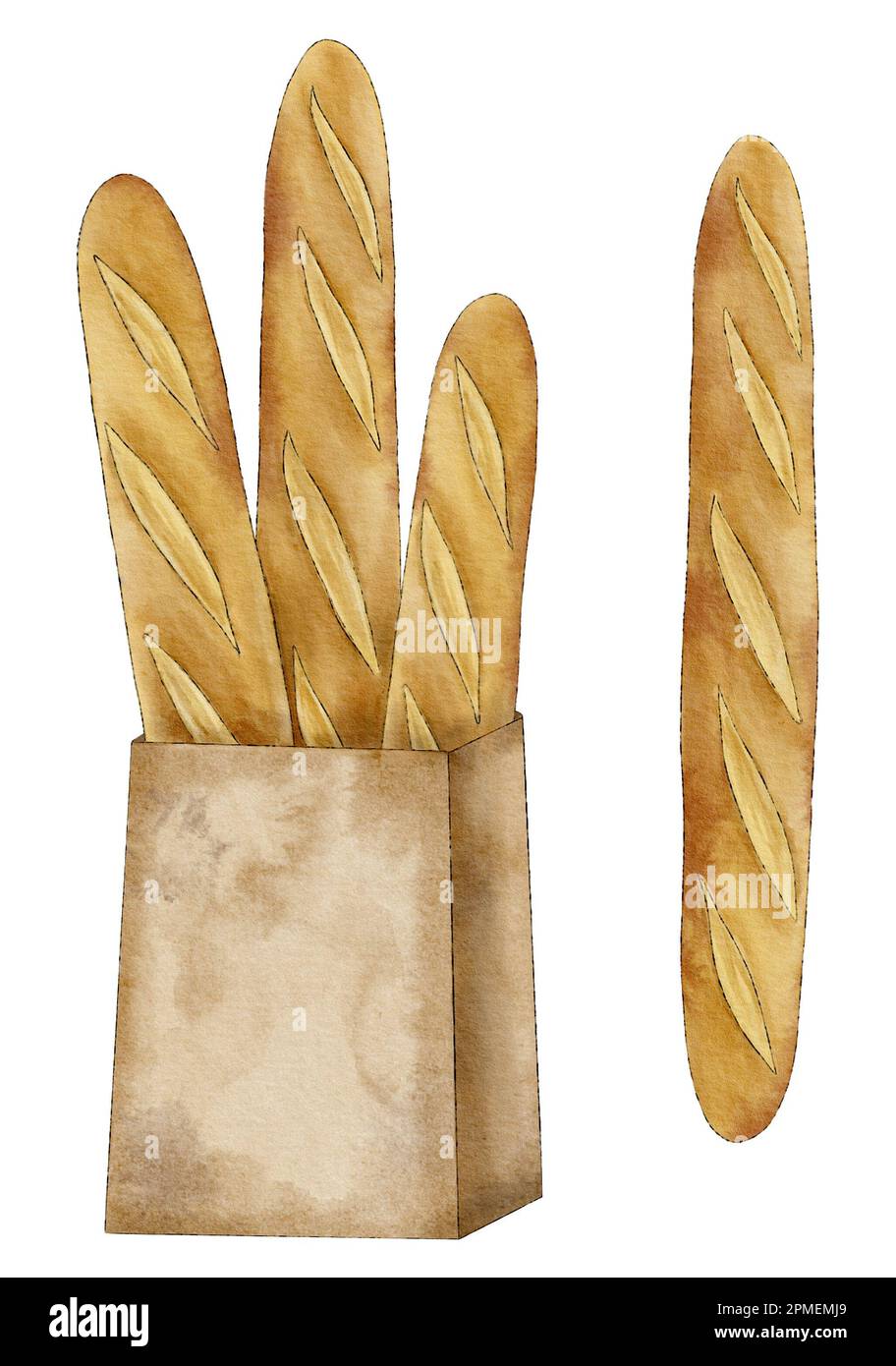 Watercolor French baguette, a bag of baguettes. Hand-drawn bakery ...