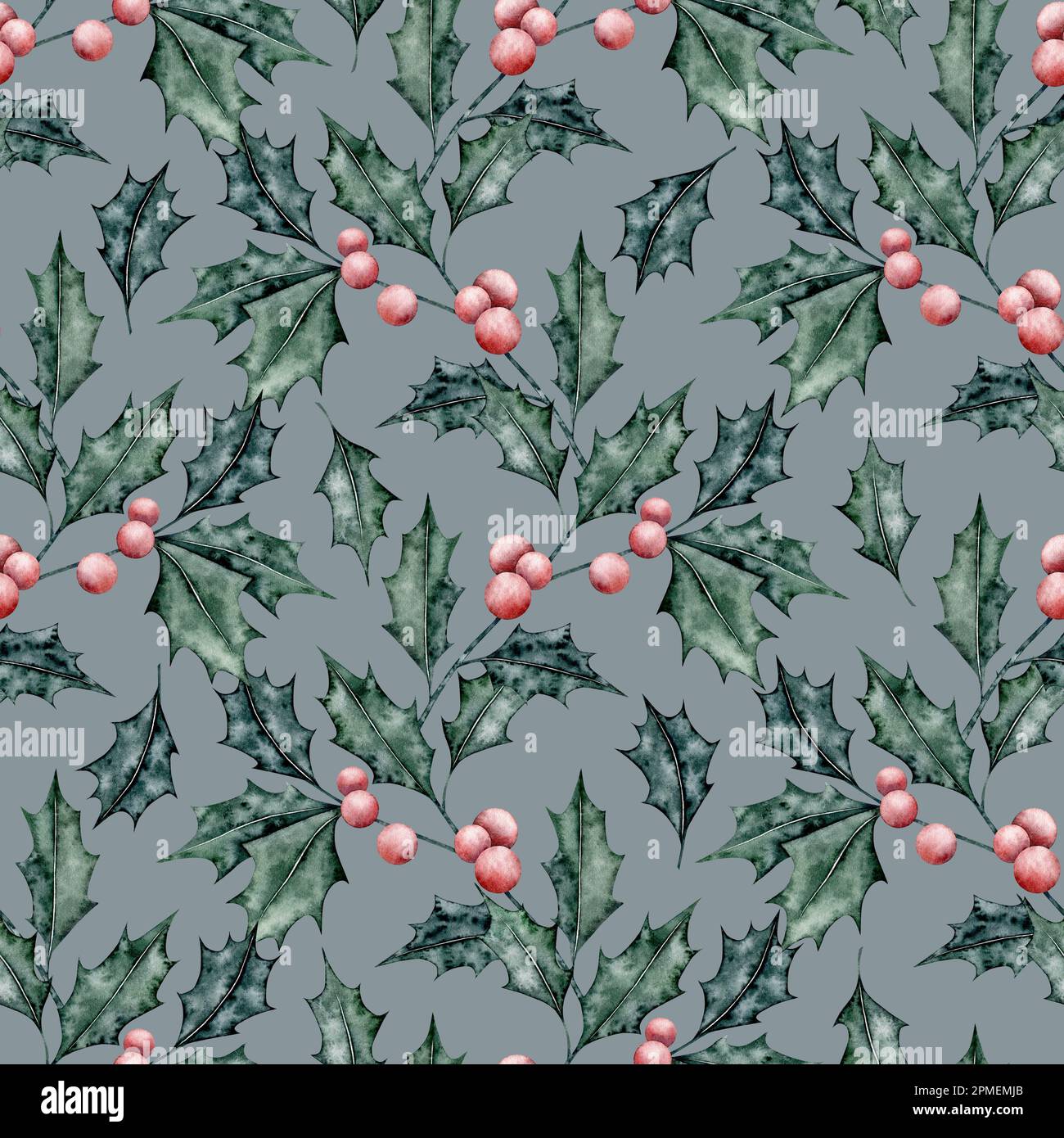 Watercolor winter palnt seamless pattern. Holly print on dark ...