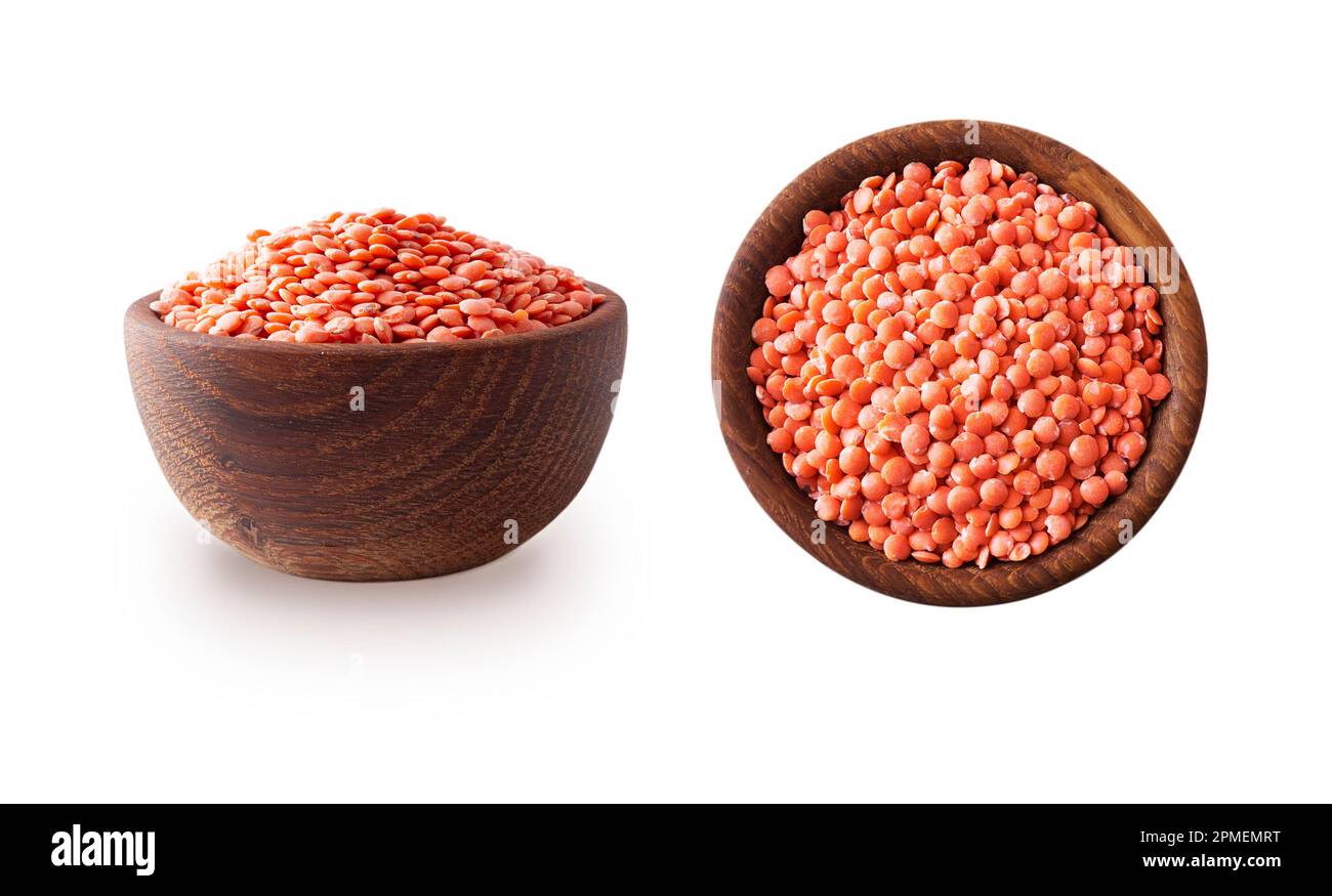 Red lentils in wooden bowl isolated on white background with clipping ...