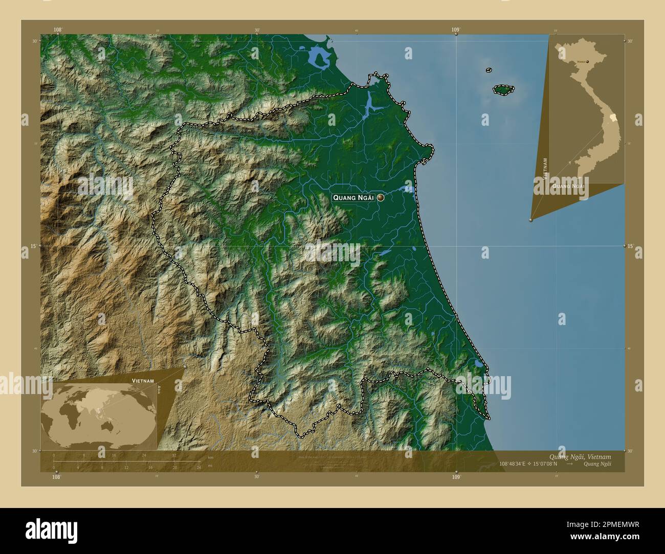 Quang Ngai, province of Vietnam. Colored elevation map with lakes and ...