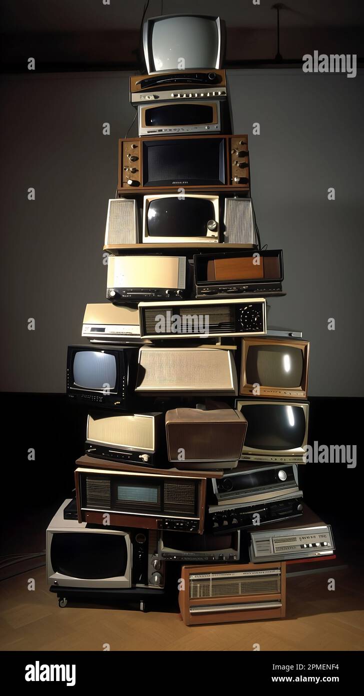 Vintage television and radio tower. Vintage TV sets arranged vertically ...