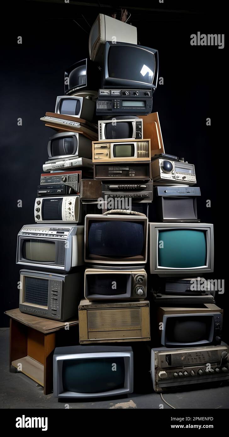 Vintage television and radio tower. Vintage TV sets arranged vertically ...