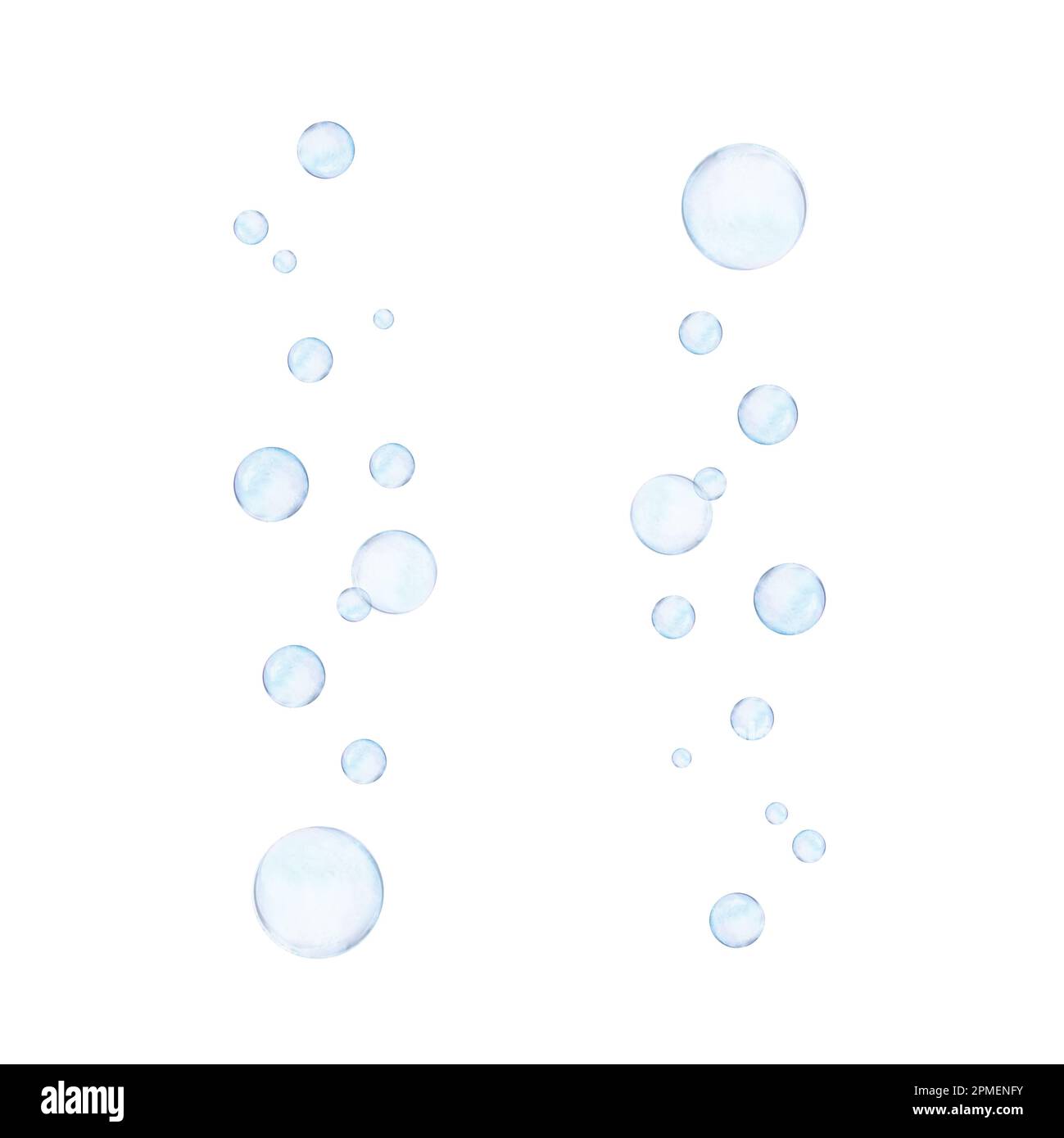 Watercolor drawn set of a stream of bubbles rising up on white ...
