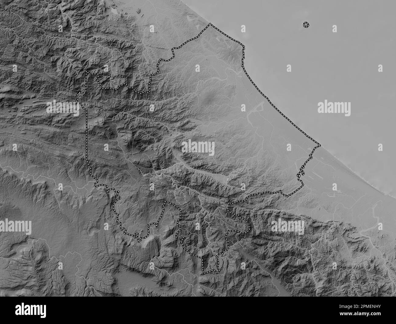 Quang Tri, province of Vietnam. Grayscale elevation map with lakes and ...