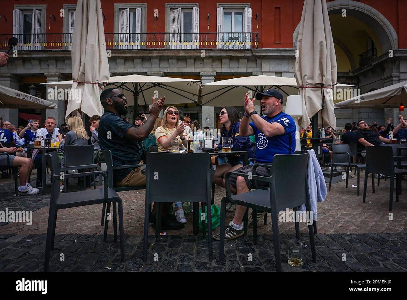 Madrid, Spain. 12th Apr, 2023. A group of Chelsea fans sing and drink ...