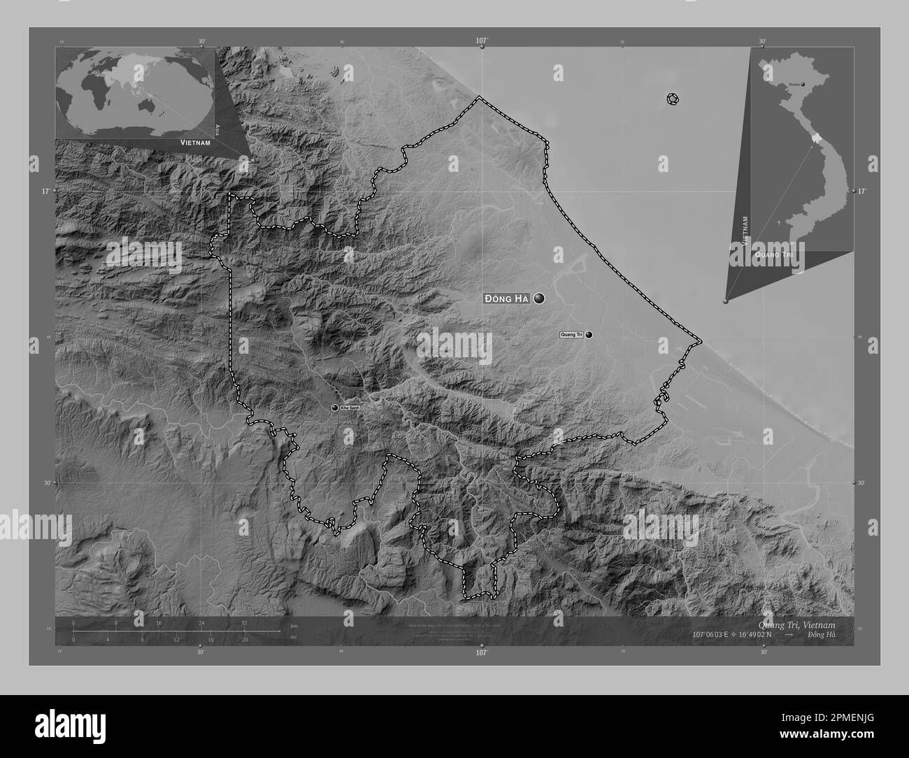 Quang Tri, province of Vietnam. Grayscale elevation map with lakes and ...