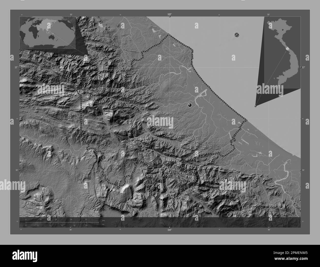 Quang Tri, province of Vietnam. Bilevel elevation map with lakes and ...