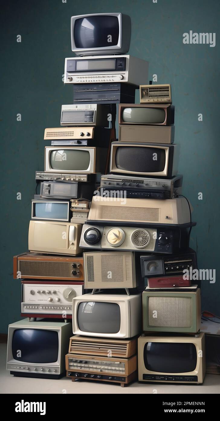 Vintage television and radio tower. Vintage TV sets arranged vertically ...