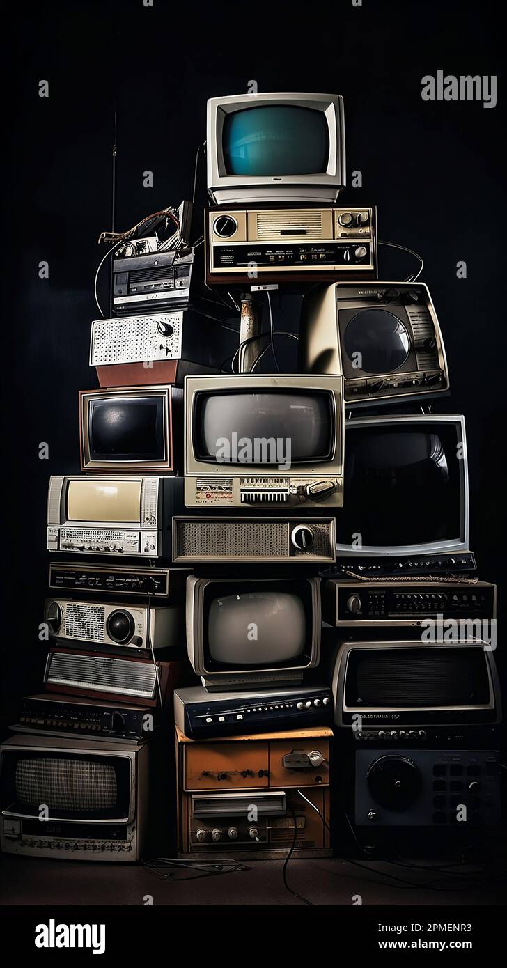 Vintage television and radio tower. Vintage TV sets arranged vertically ...
