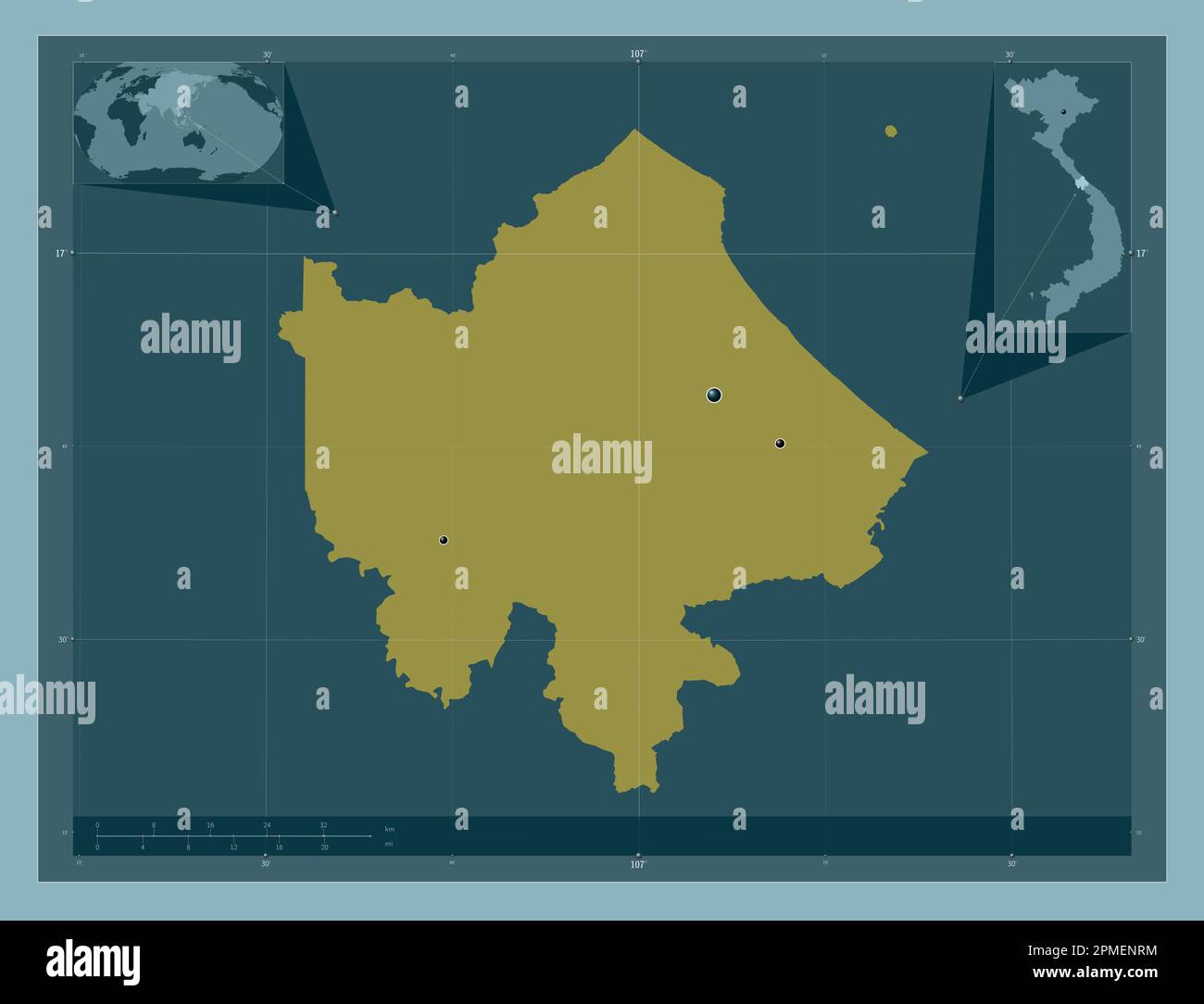 Quang Tri, province of Vietnam. Solid color shape. Locations of major ...