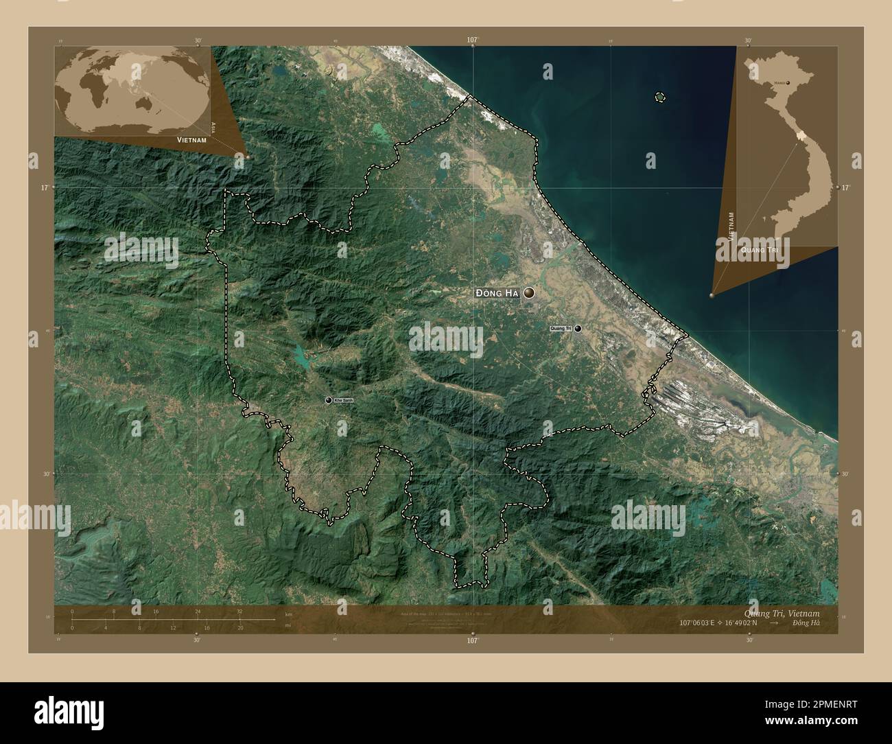 Quang Tri, province of Vietnam. Low resolution satellite map. Locations ...