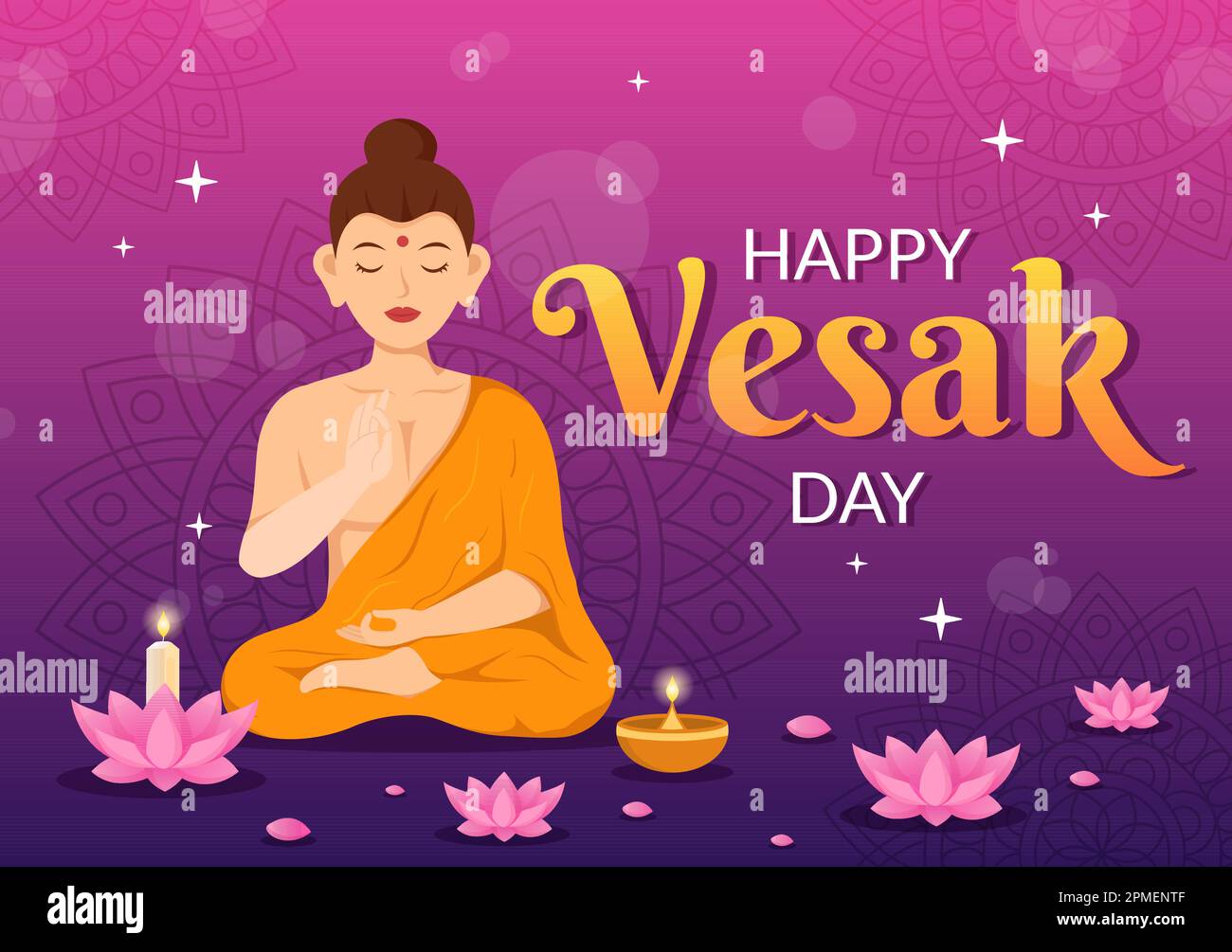 Vesak Day Celebration Vector Illustration with Temple Silhouette, Lotus ...