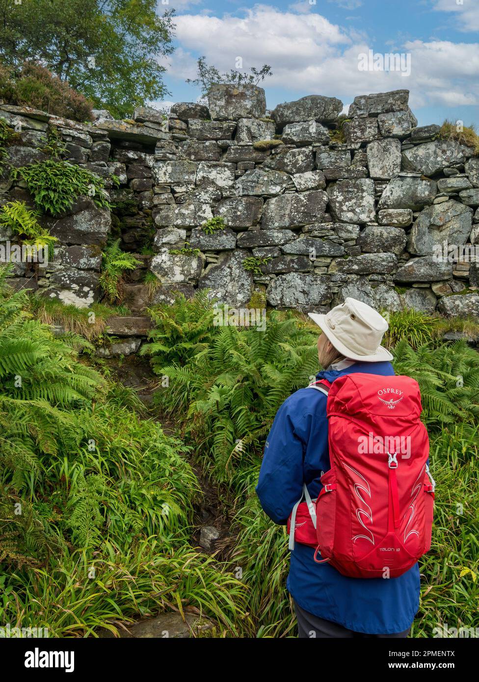 Woman looking at overgrown, ancient stone walls of Totaig Broch ...