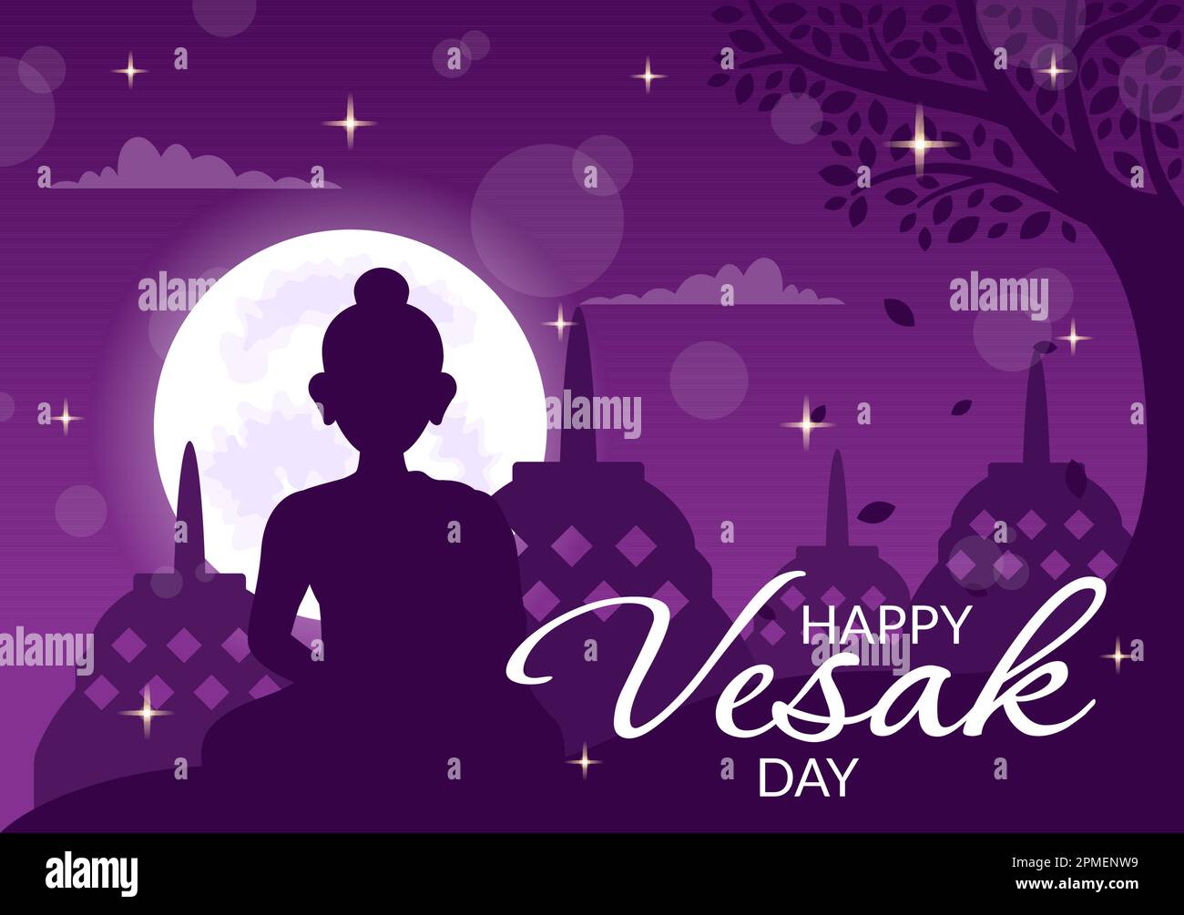 Vesak Day Celebration Vector Illustration with Temple Silhouette, Lotus ...