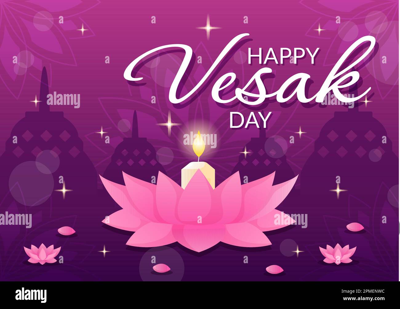 Vesak Day Celebration Vector Illustration with Temple Silhouette, Lotus ...