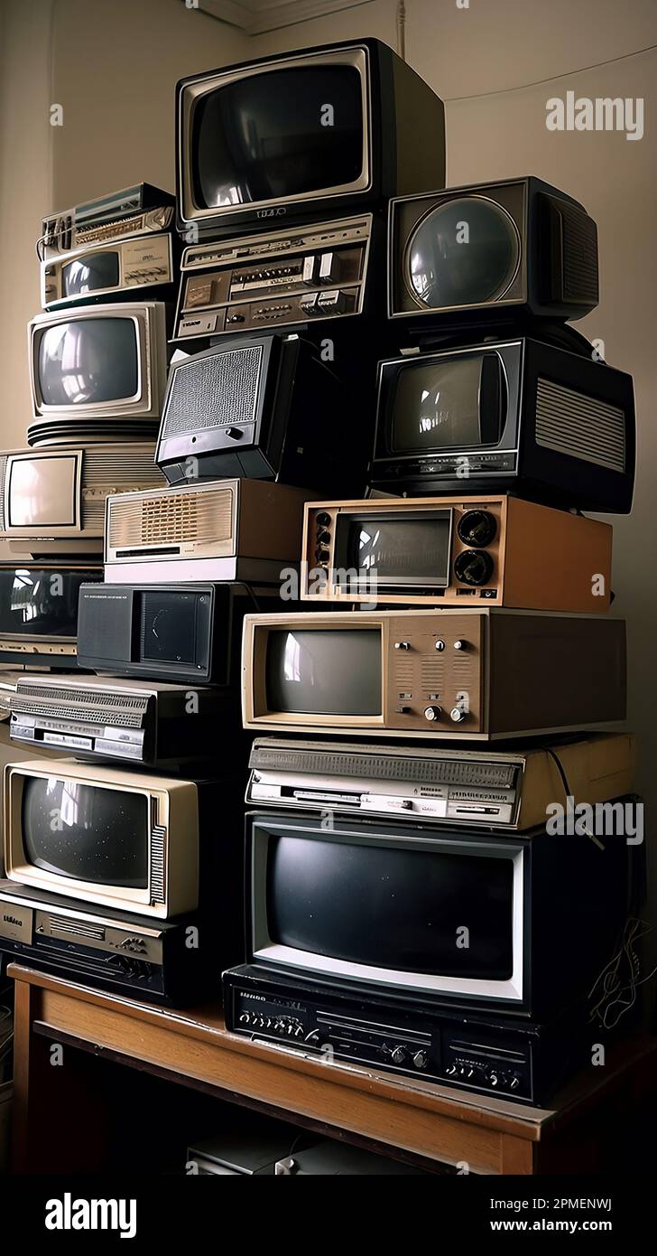 Vintage television and radio tower. Vintage TV sets arranged vertically ...