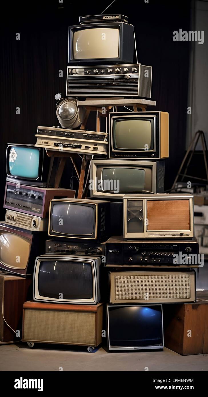 Vintage television and radio tower. Vintage TV sets arranged vertically ...