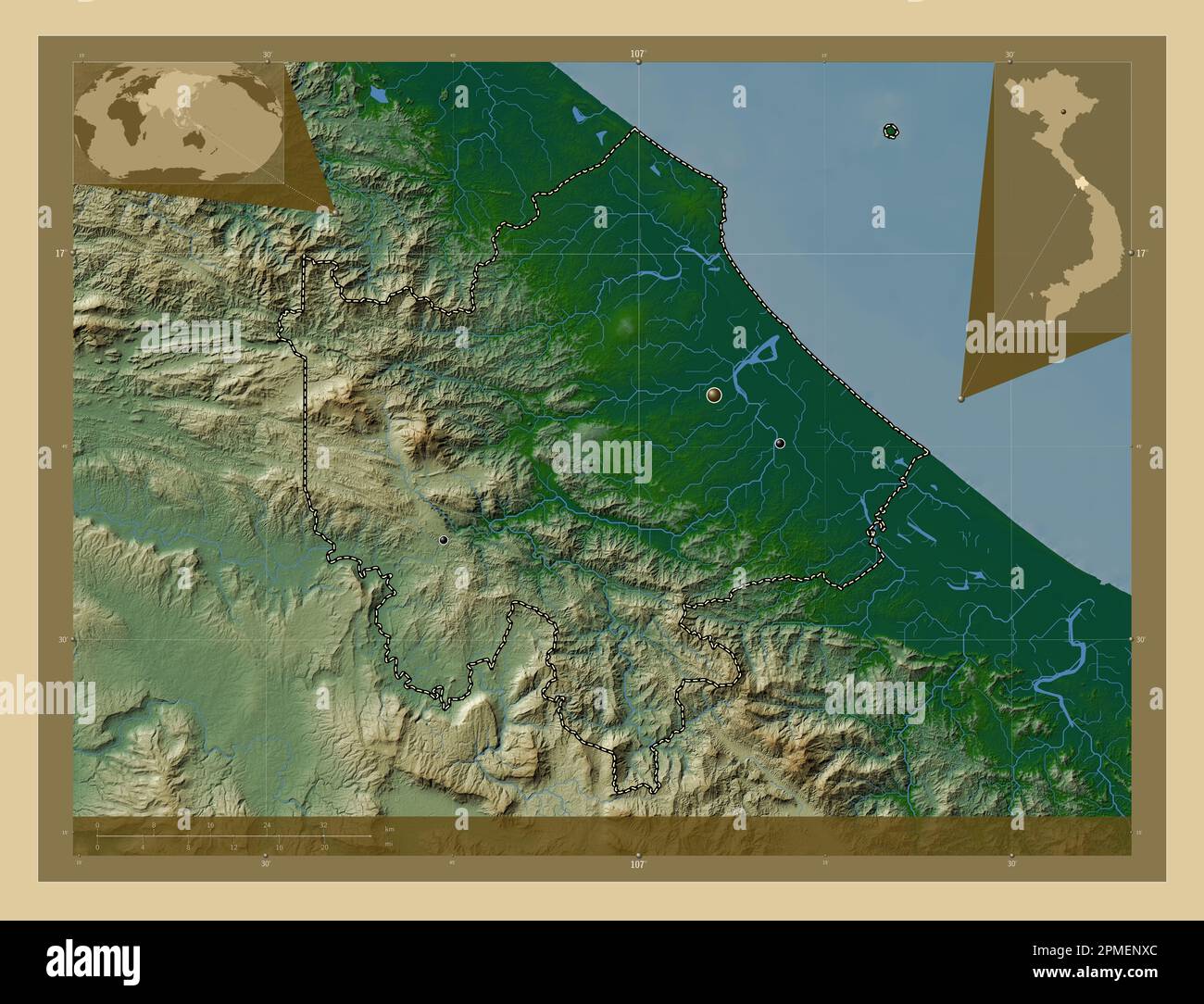Quang Tri, province of Vietnam. Colored elevation map with lakes and ...