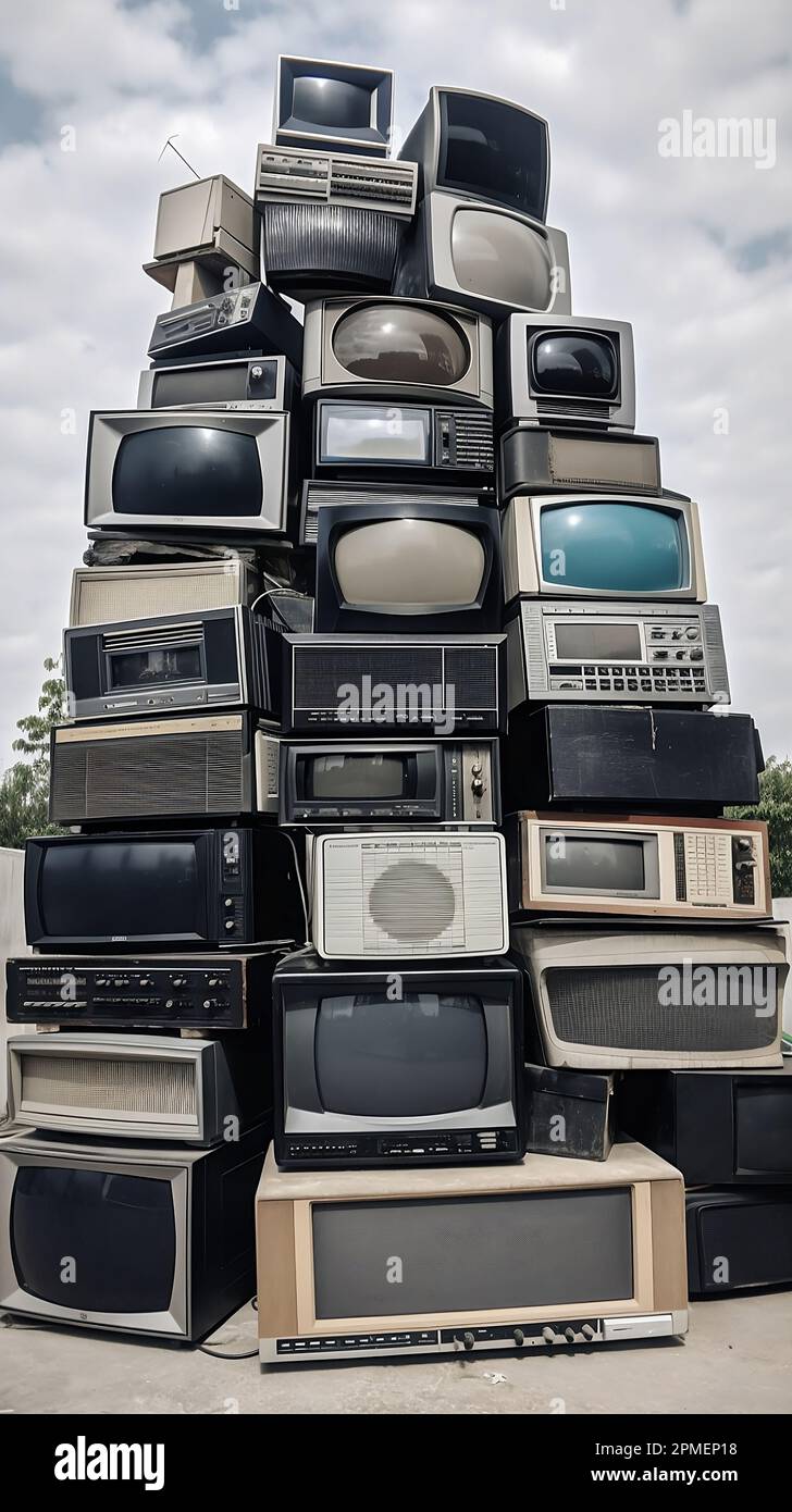 Vintage television and radio tower. Vintage TV sets arranged vertically ...