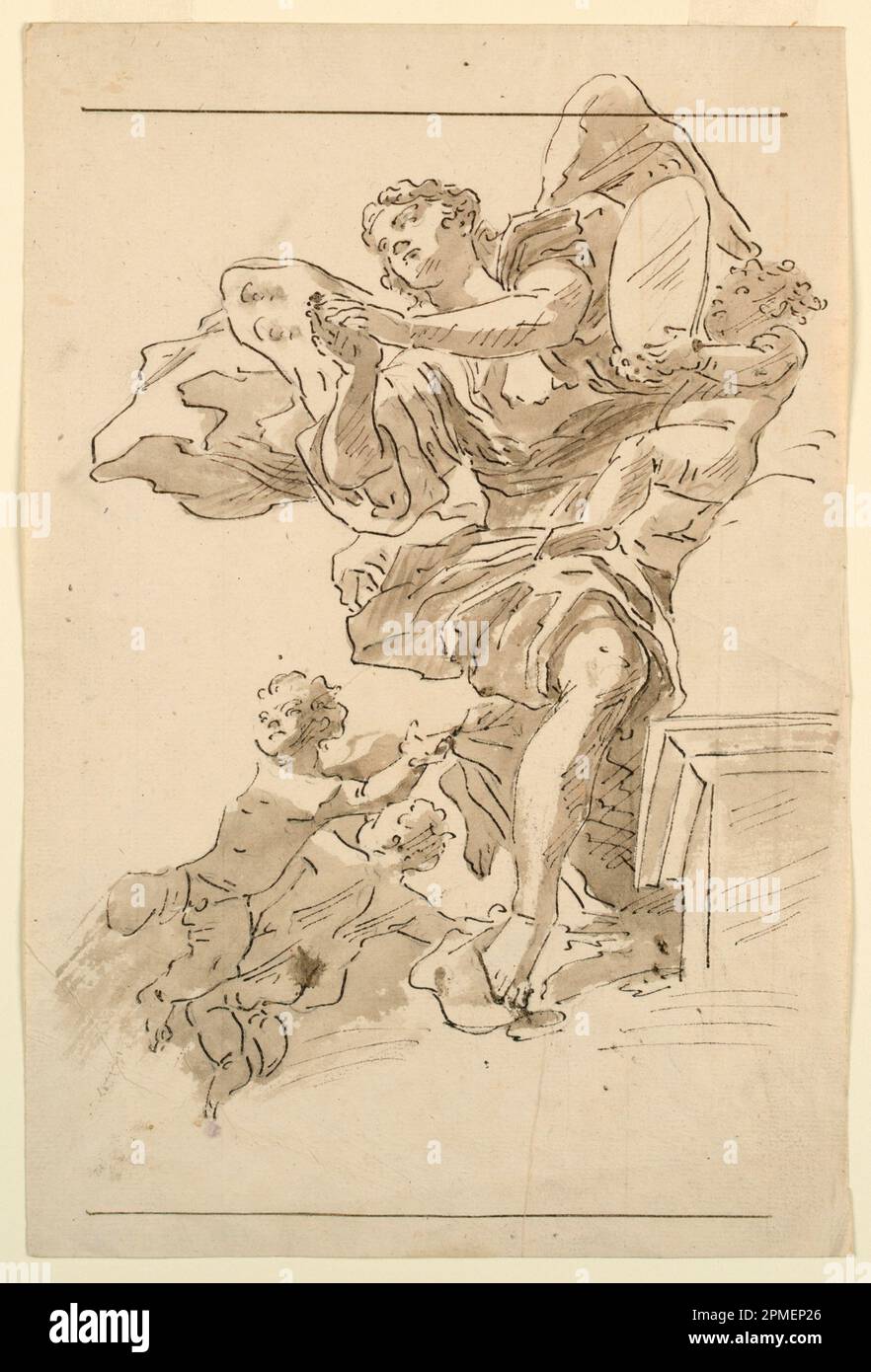 Drawing, Putti and Winged Figure; Italy; graphite, pen and ink, brush ...