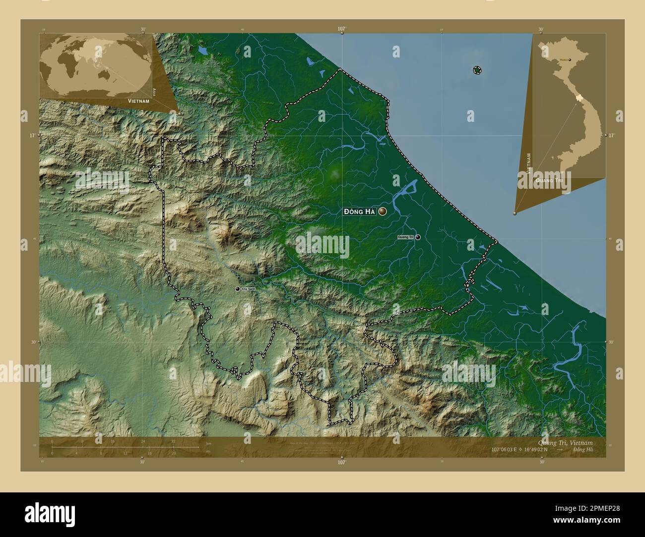 Quang Tri, province of Vietnam. Colored elevation map with lakes and ...