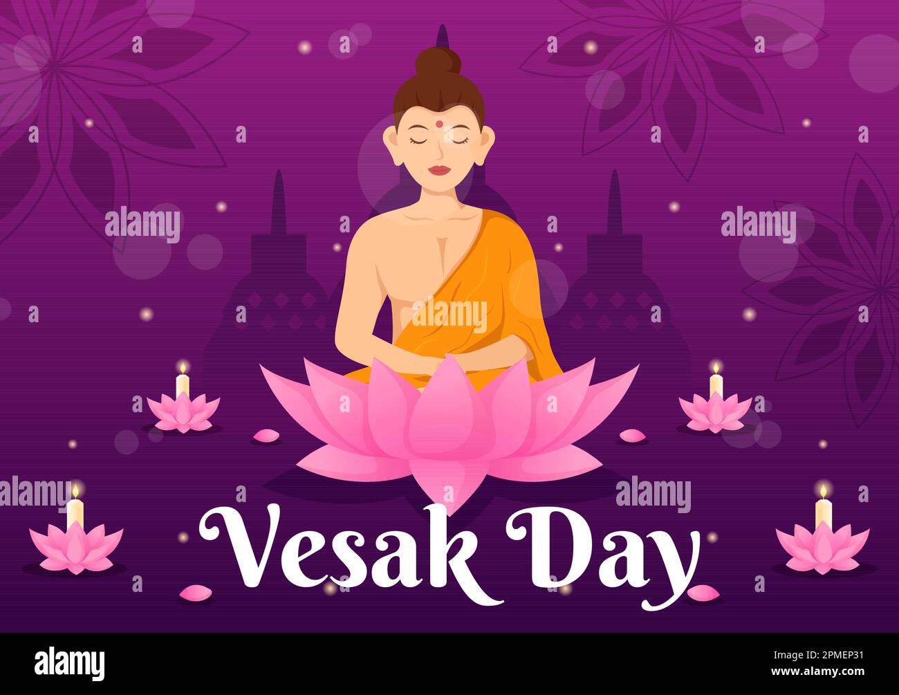 Vesak Day Celebration Vector Illustration with Temple Silhouette, Lotus ...