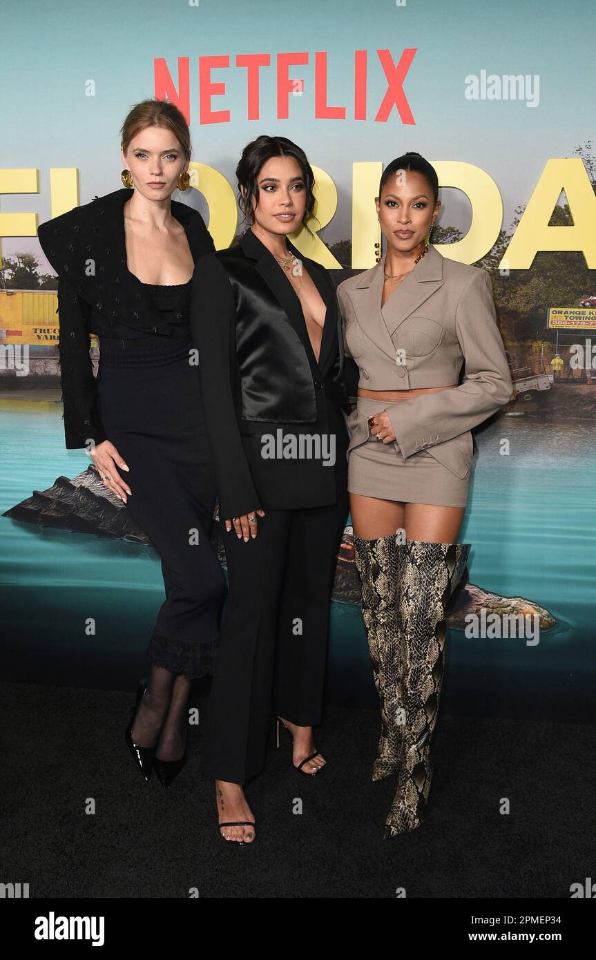 Abbey Lee Kershaw, from left, Otmara Marrero and Lex Scott Davis arrive ...