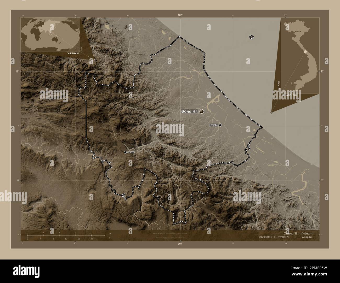 Quang Tri, province of Vietnam. Elevation map colored in sepia tones ...
