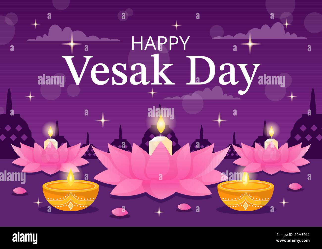 Vesak Day Celebration Vector Illustration with Temple Silhouette, Lotus ...