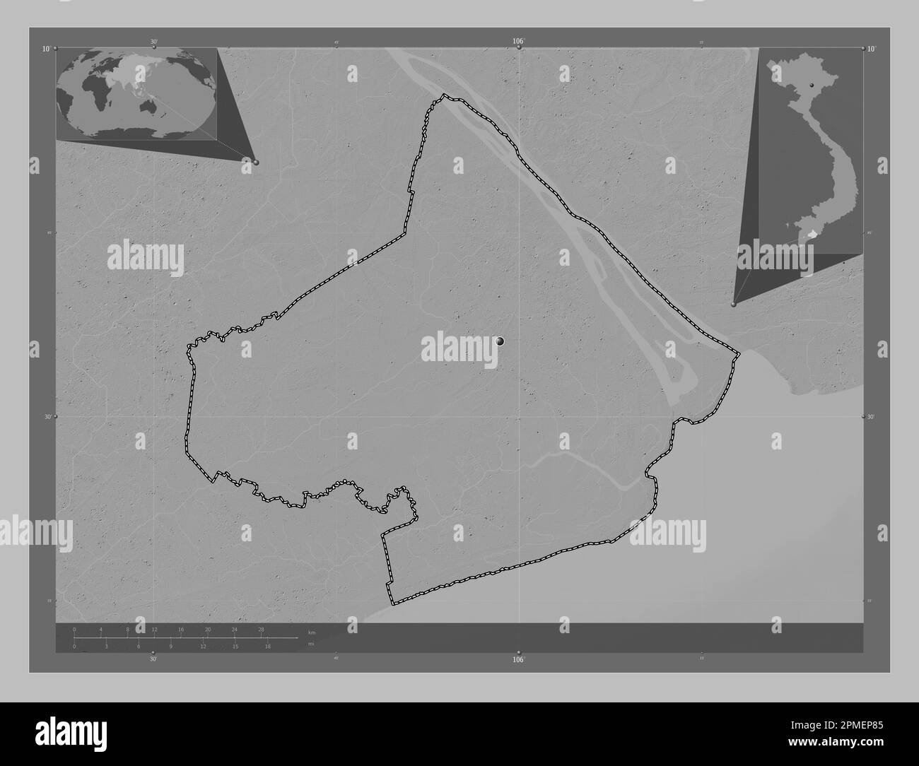 Soc Trang, province of Vietnam. Grayscale elevation map with lakes and ...