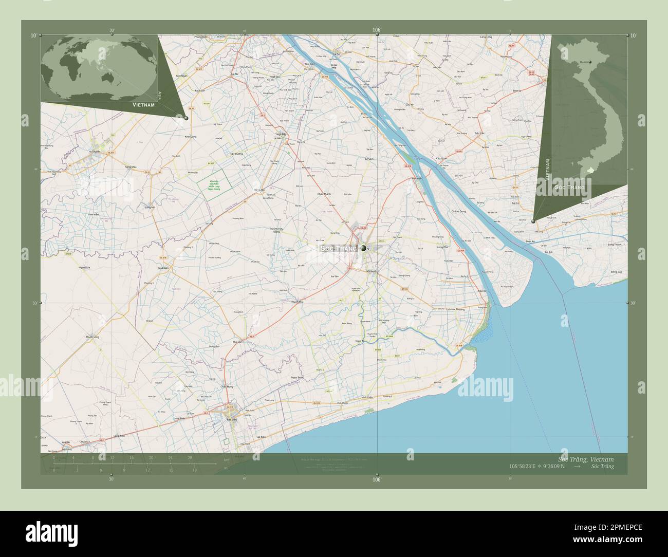 Soc Trang, province of Vietnam. Open Street Map. Locations and names of ...