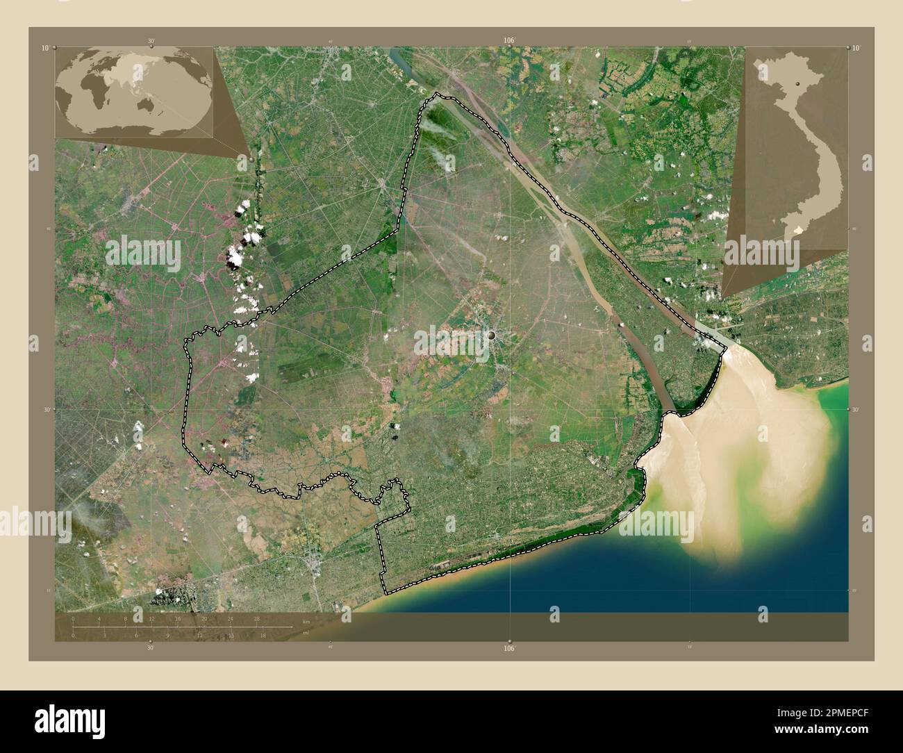 Soc Trang, province of Vietnam. High resolution satellite map. Corner ...