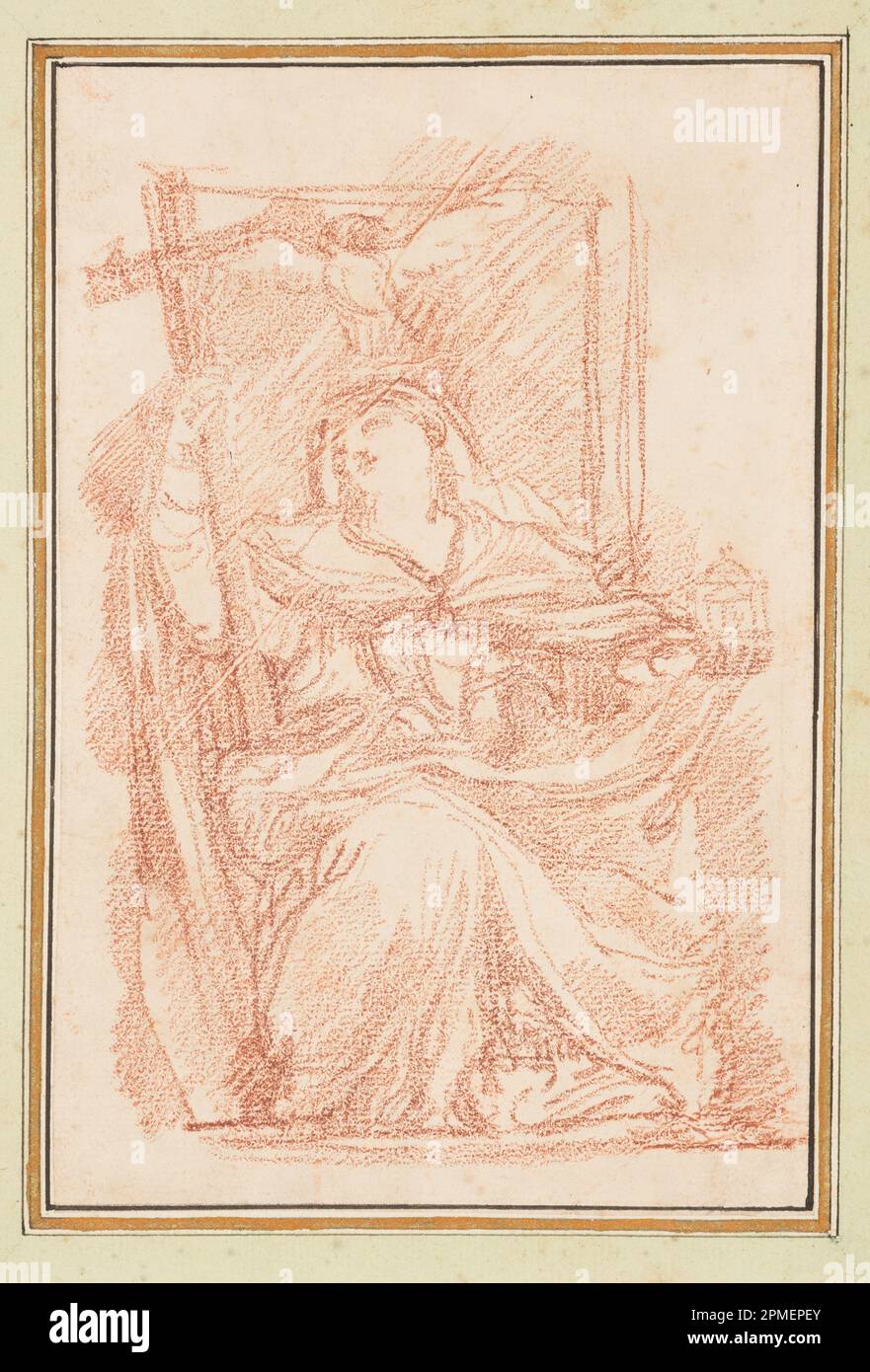 Drawing, Seated female figure with cross and building model; Jean ...