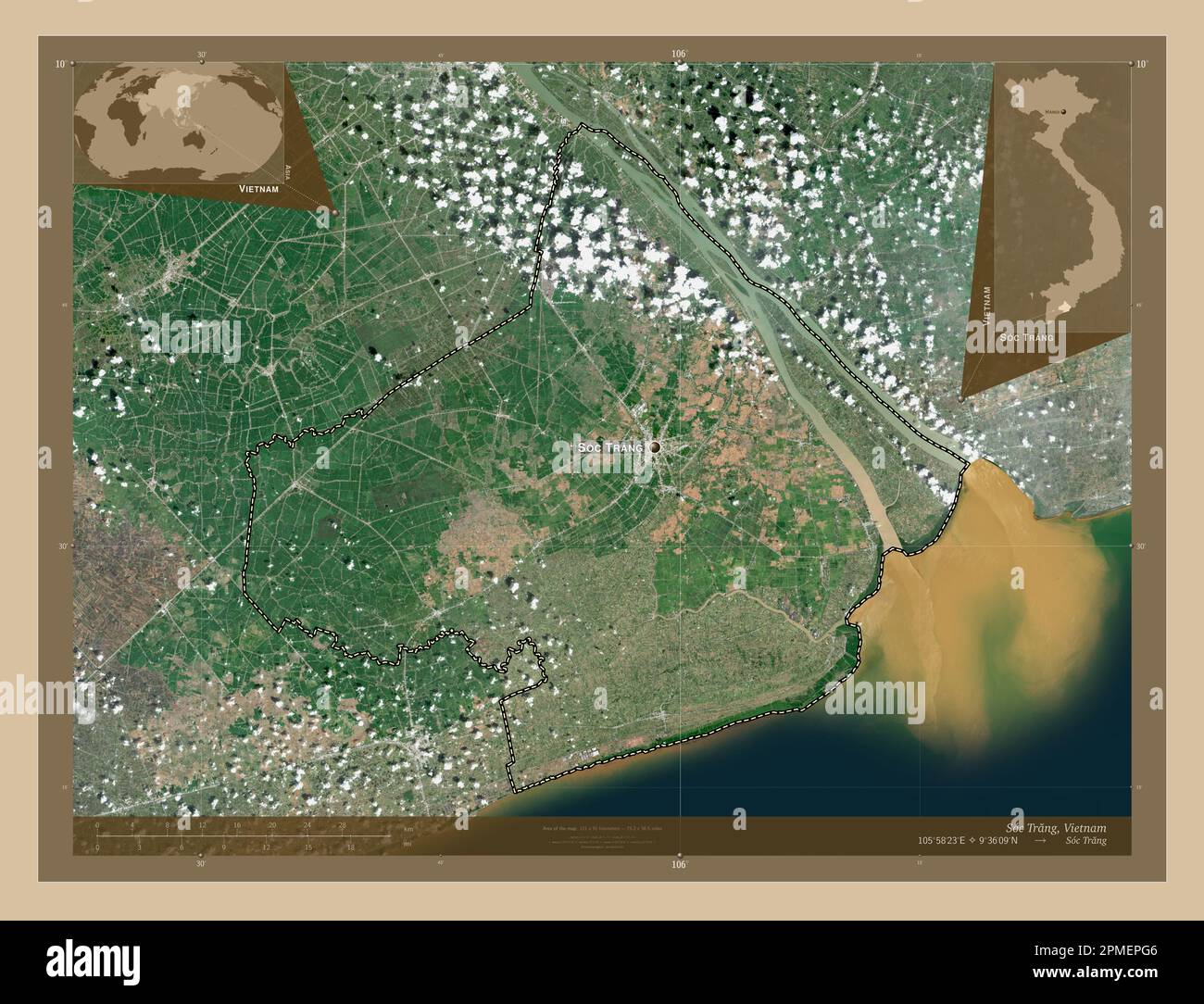 Soc Trang, province of Vietnam. Low resolution satellite map. Locations ...