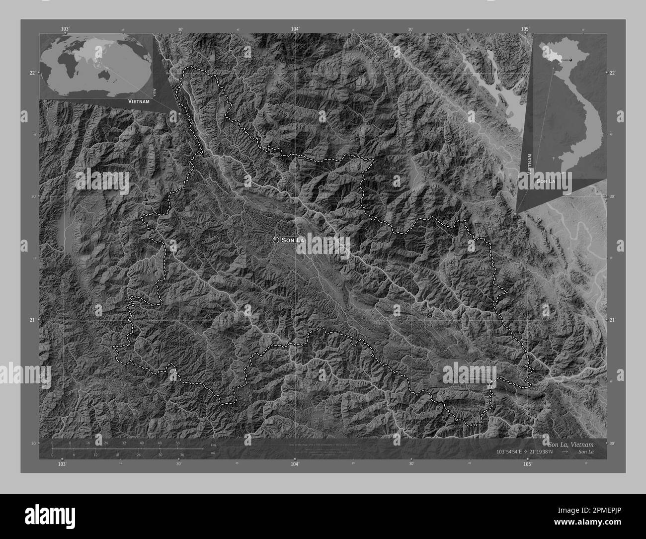 Son La, province of Vietnam. Grayscale elevation map with lakes and ...